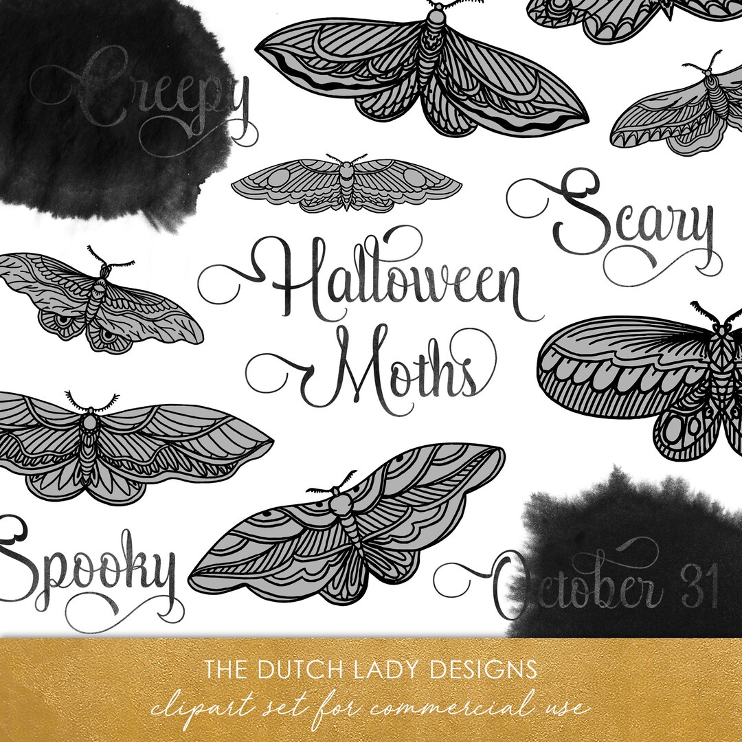 Halloween Clipart Set Black Moths & Butterflies Watercolor Ink Splatter ...