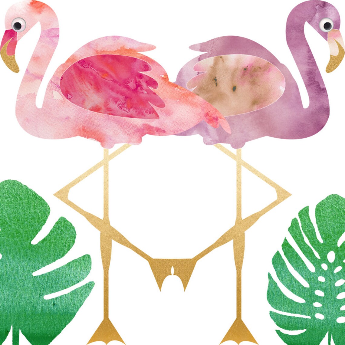 Flamingo Clipart Set With Tropical Leaves Watercolor & - Etsy