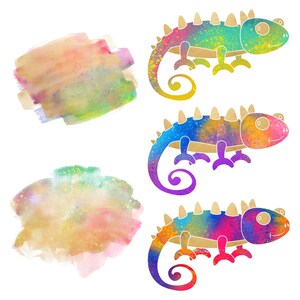 Chameleon Clipart Set - Tropical Leaves - Watercolor Stains - Jungle ...