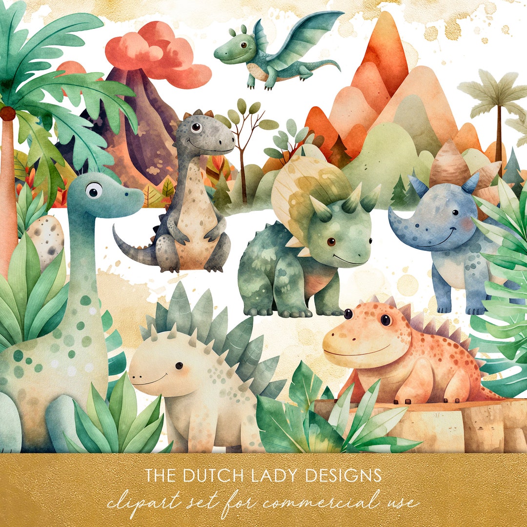 Cute Dinosaur Clipart - Watercolor Kids Illustrations - Prehistoric ...