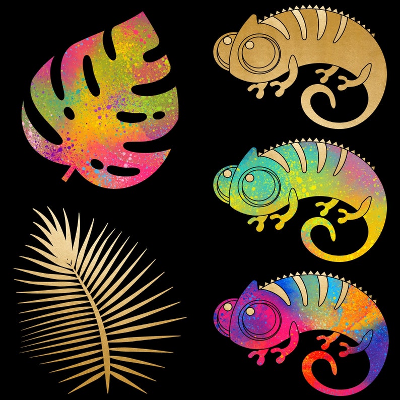 Watercolor Chameleon Clipart Set: Tropical Leaves & Gold Accents (PNG ...