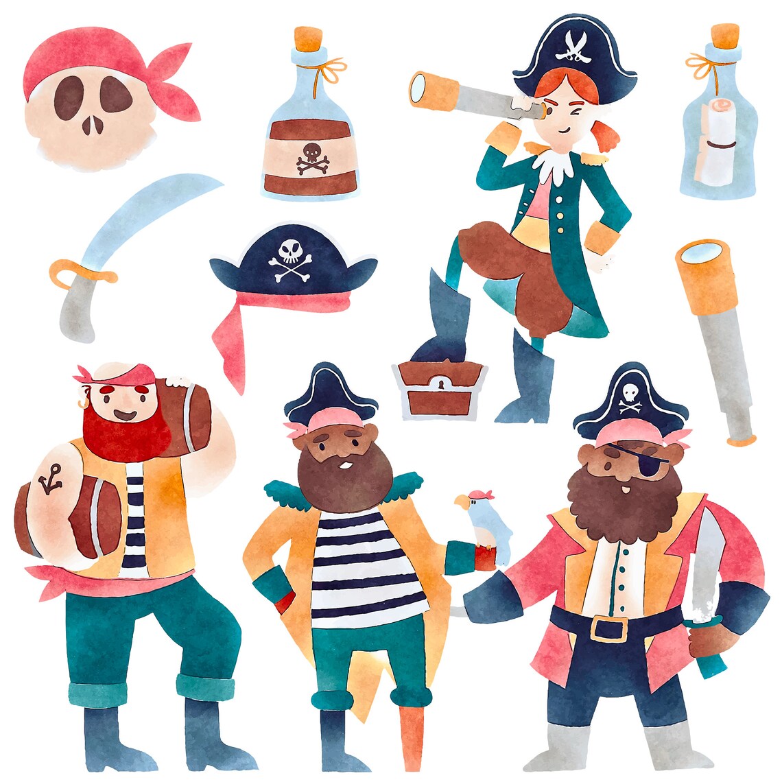 Pirates Clipart Set Cute Watercolor Sea Animals Whale - Etsy