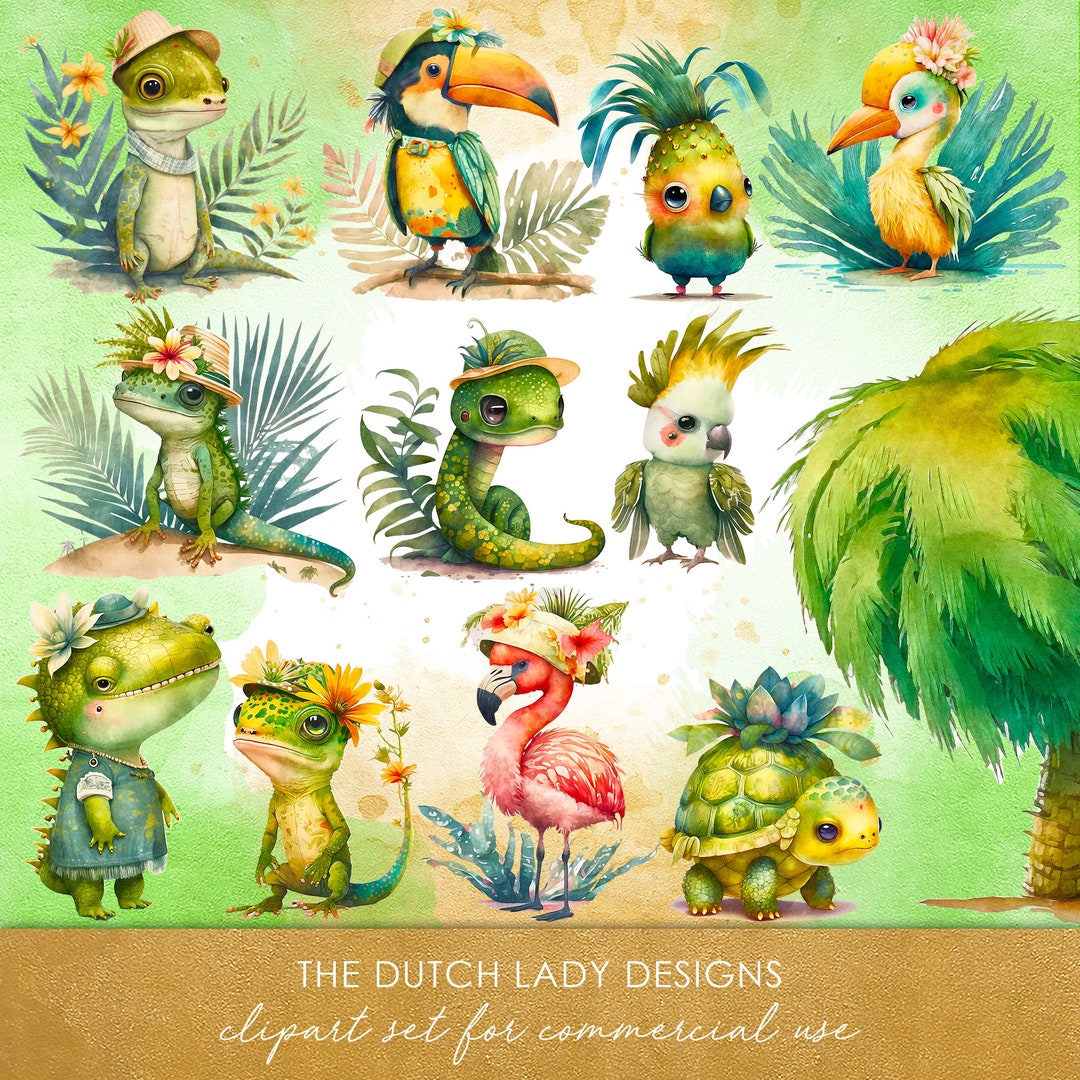 Tropical Summer Animals Clipart Set - Cute Lizards, Birds, Alligators ...