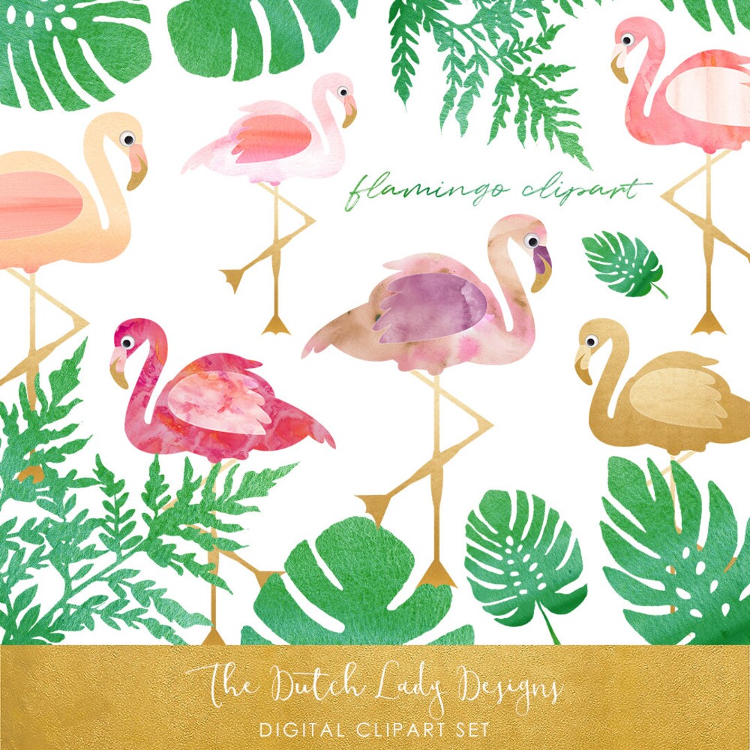 Flamingo Clipart Set - With Tropical Leaves - Watercolor & Gold Style ...
