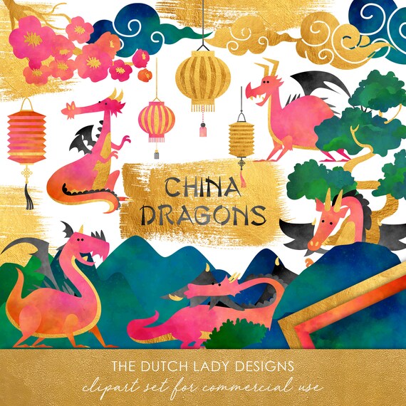 China Dragons Clipart Set Cute Dragons Gold Chinese - Etsy