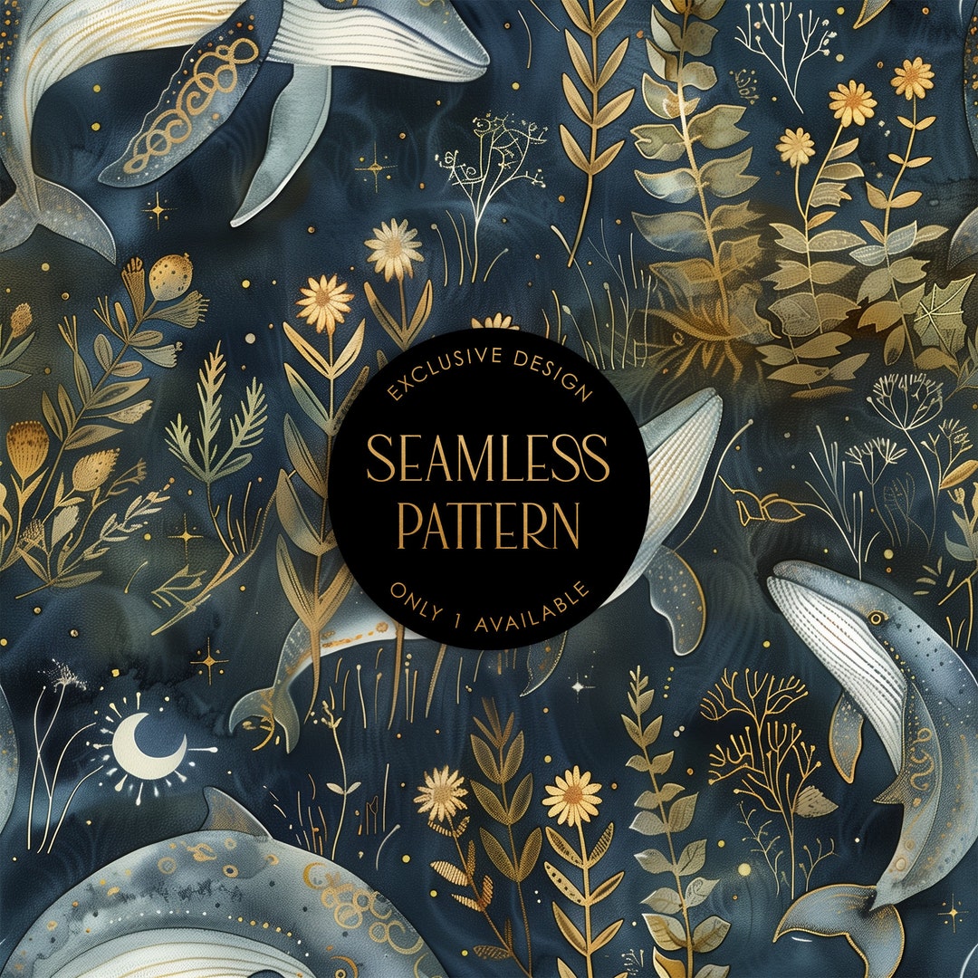 Whales & Flowers EXCLUSIVE Seamless Pattern, Magic Blue Gold Ocean ...