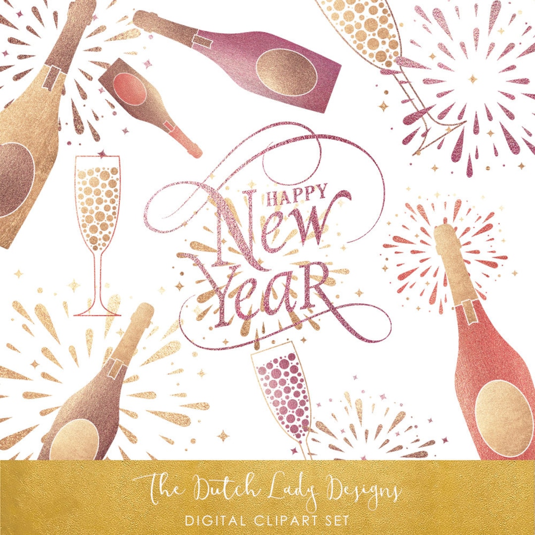 Happy New Year & Party Clipart Set Champagne Bottles, Glasses ...