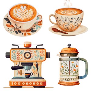 Folk Art Coffee Clipart Set: Hand-painted Cappuccino Graphics (25 PNG ...