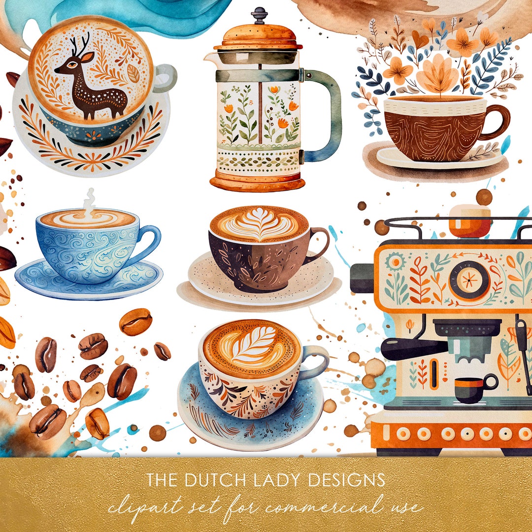 Folk Art Coffee Clipart Set - Hand Painted Style Cappuccino Graphics ...