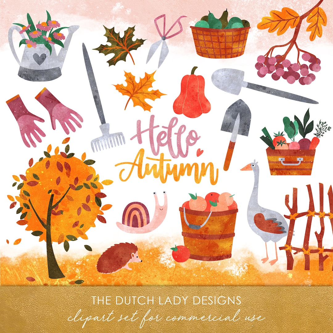 Fall Garden Clipart Set - Autumn Images - Tools - Animals - Leaf - Tree ...