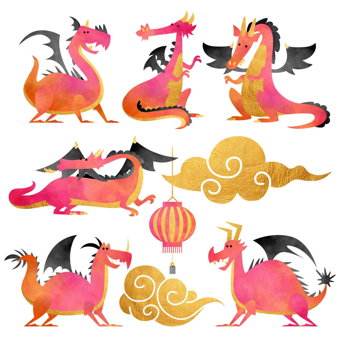 China Dragons Clipart Set Cute Dragons Gold Chinese - Etsy
