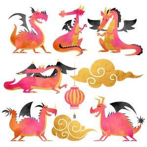 China Dragons Clipart Set - Cute Dragons - Gold Chinese Graphics ...