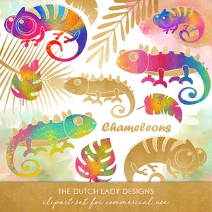 Chameleon Clipart Set - Tropical Leaves - Watercolor Stains - Jungle ...