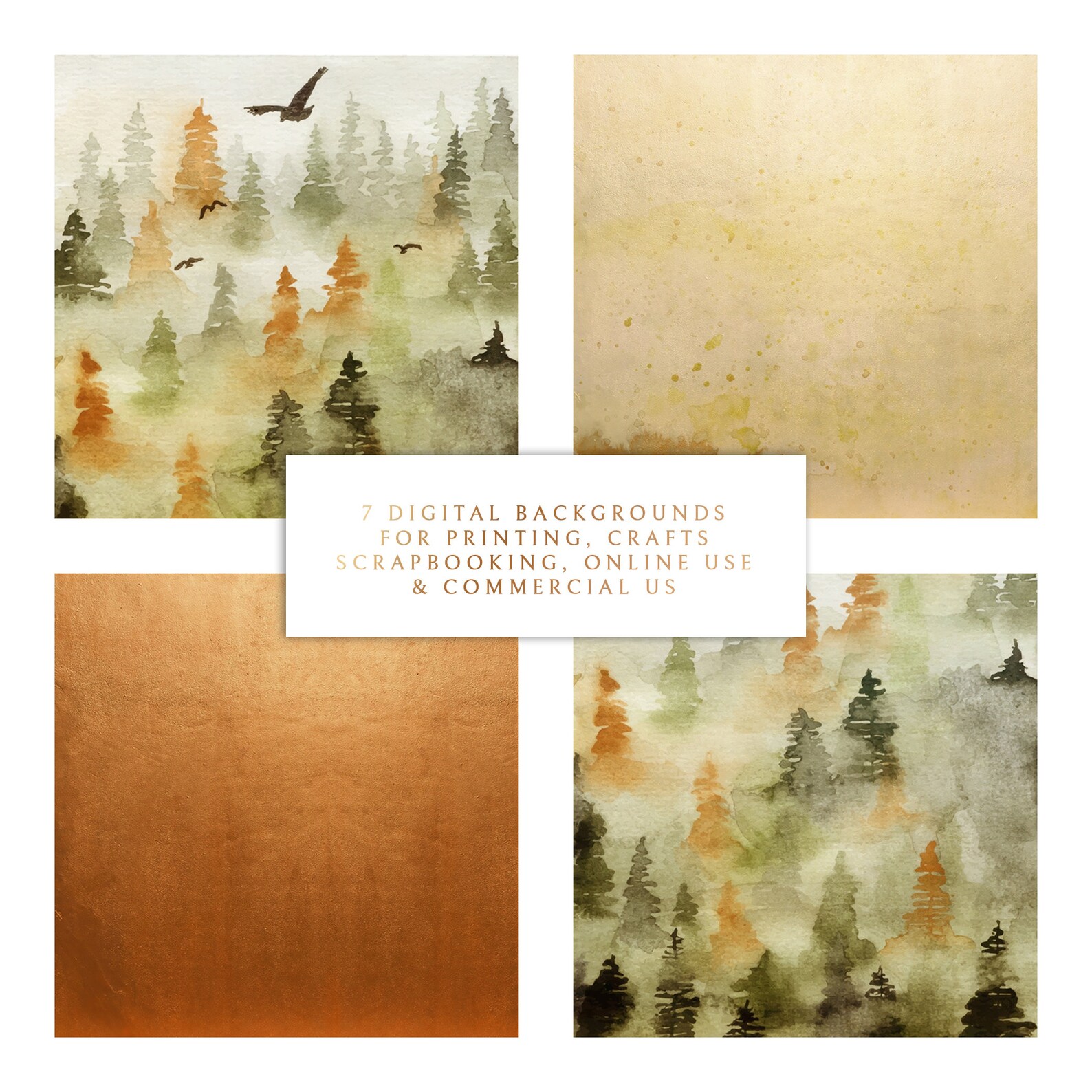 Watercolor Forest Digital Paper: Green, Gold, Copper Backgrounds (JPEG ...