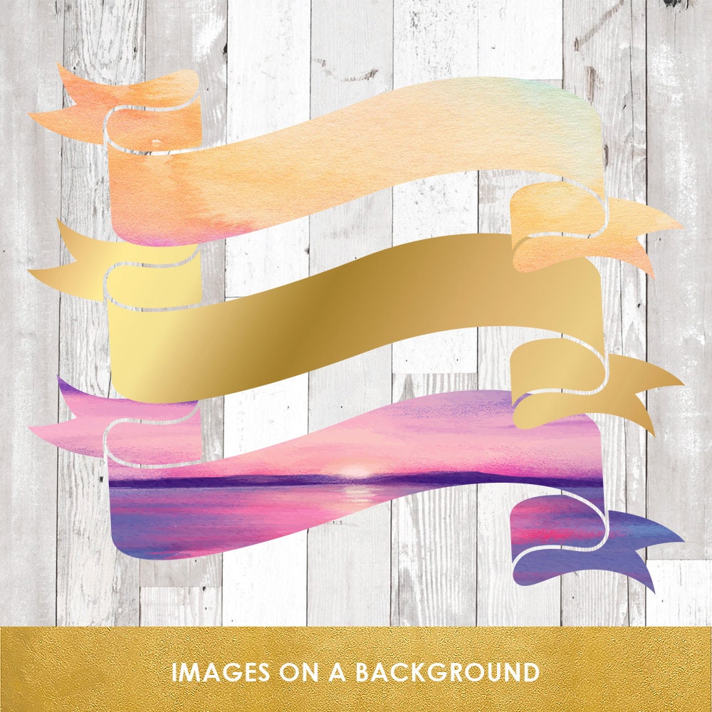 Banner Clipart Set Gold Glitter and Rainbow Watercolors | Etsy