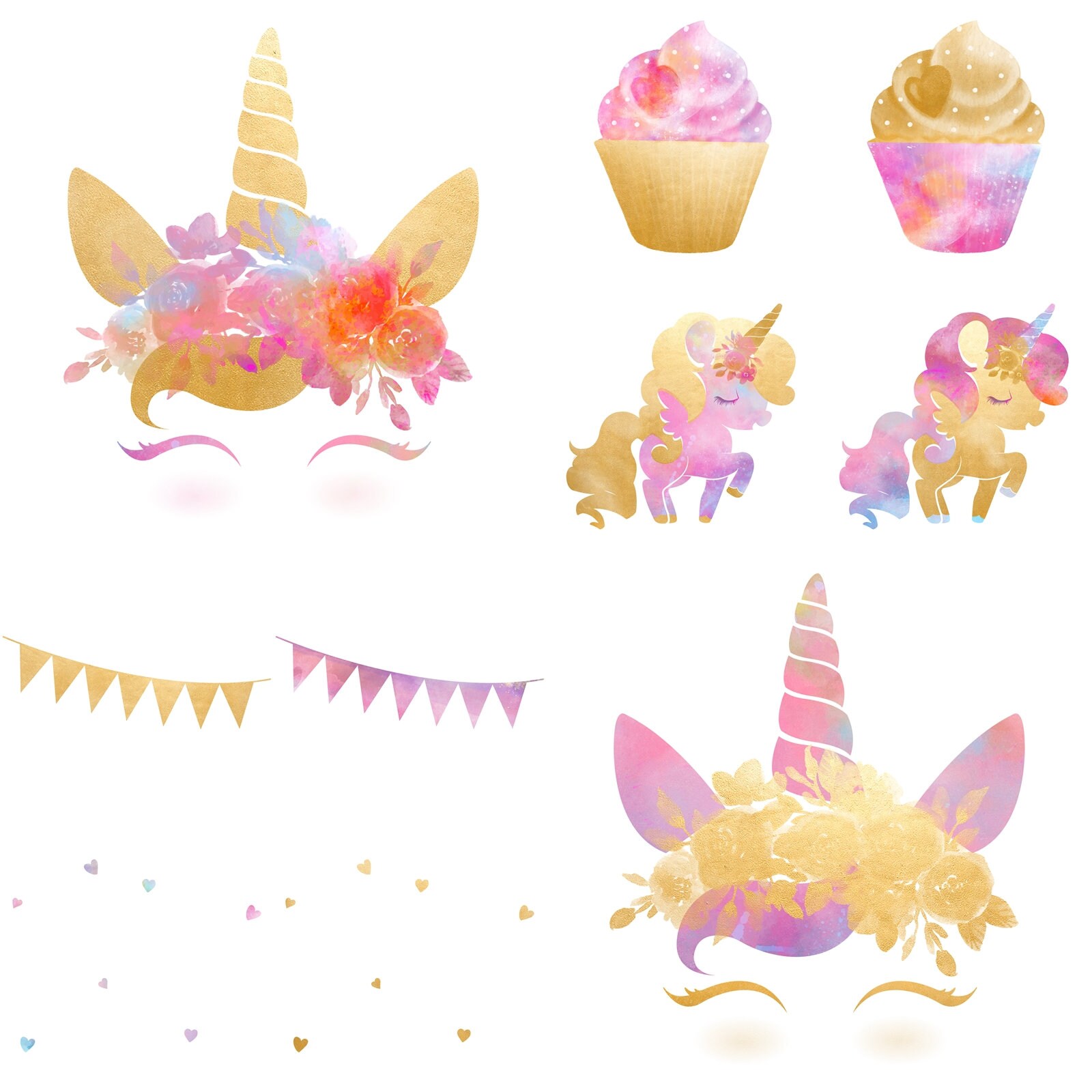 Unicorn Birthday Party Clipart Set Watercolor Rainbow & Gold - Etsy UK
