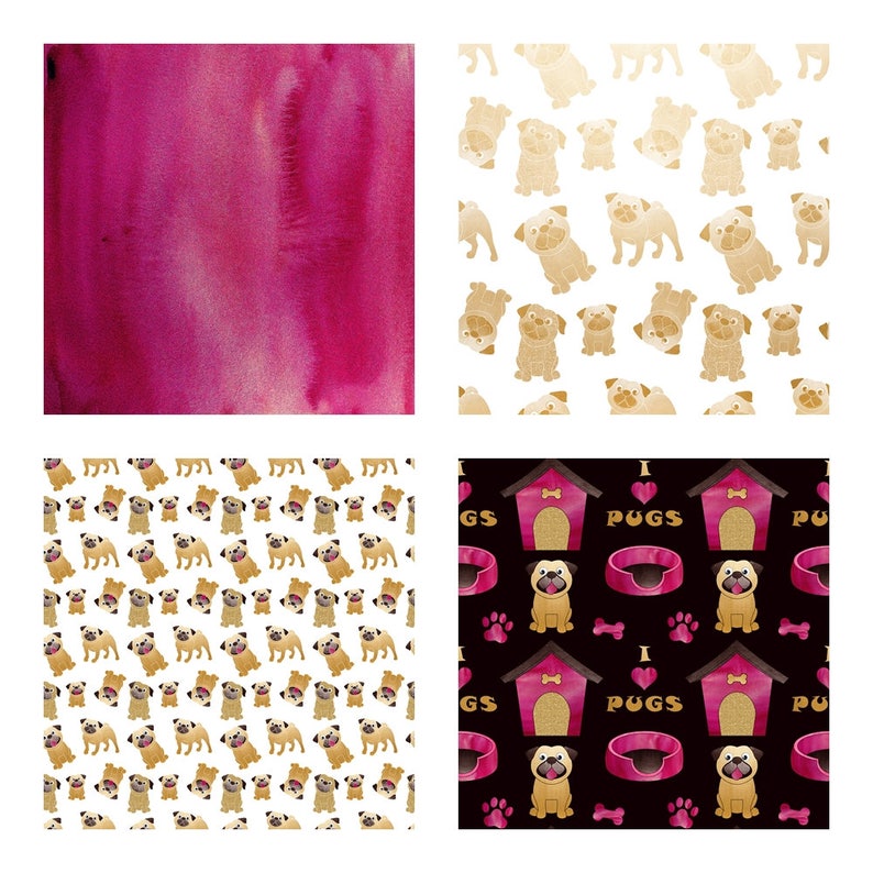 Digital Scrapbook Paper Cute Pugs Puppies & Dogs Fuchsia | Etsy