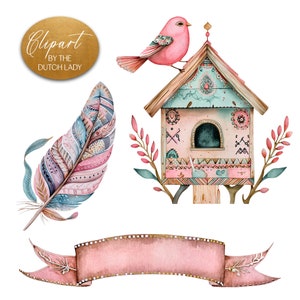 Bohemian Birds Clipart Set - Watercolor Spring Graphics - Boho Feathers ...