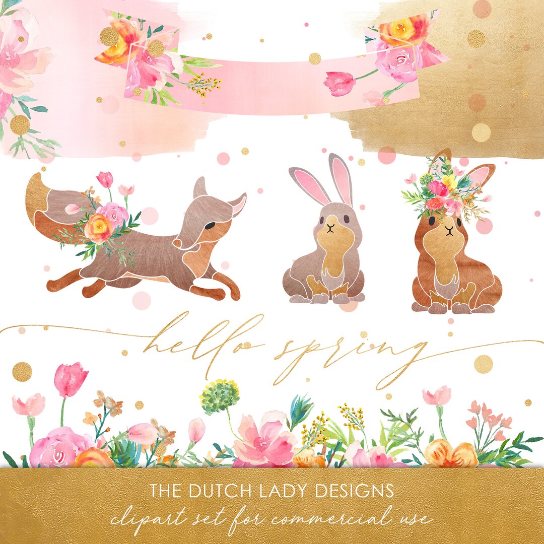 Hello Spring Clipart Set - Forest & Woodland Animals - Flowers - Fox ...