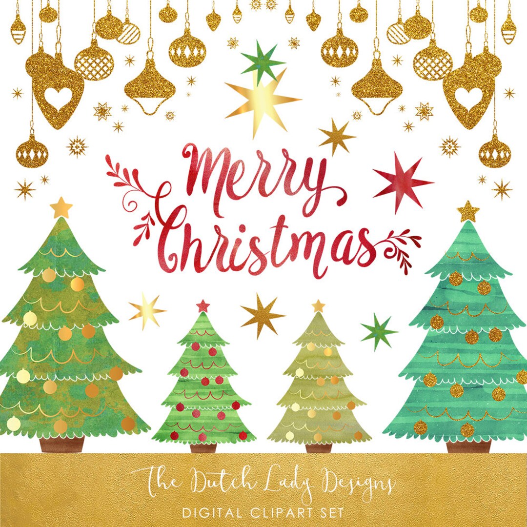 Glitter Christmas Clipart Set: Trees, Ornaments, Stars (PNG Digital ...
