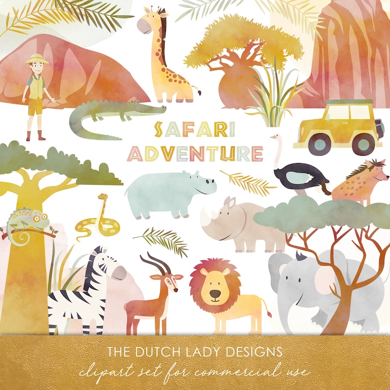 African Safari Clipart Set: Savannah Animals, Adventurer Graphics (34 ...