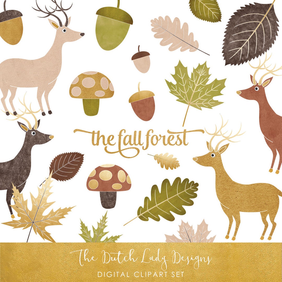 Fall Forest Clipart Set Deer, Leaf, Mushroom & Acorn Images in Autumn ...