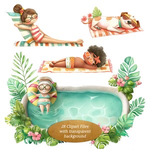 Summer at the Pool Clipart Set, Cute Kids Illustrations, Tropical ...
