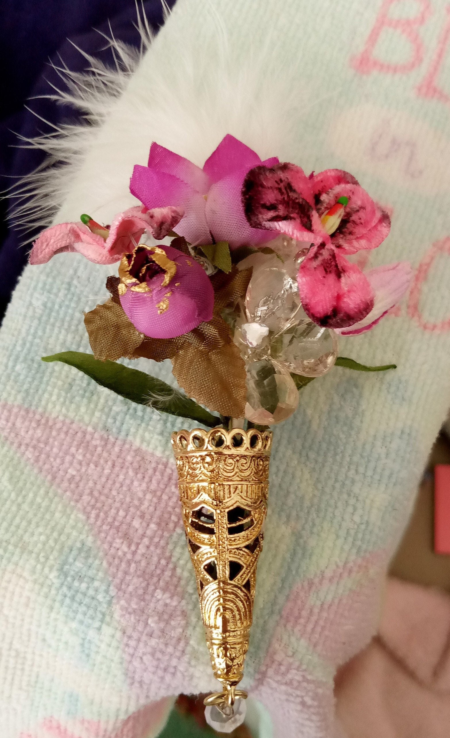 Super Fancy Tussie Mussie Flower Bouquet in a Metal Gold Filigree Cone ...