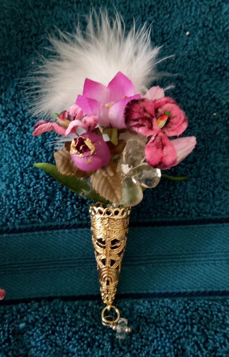 Super Fancy Tussie Mussie Flower Bouquet in a Metal Gold Filigree Cone ...