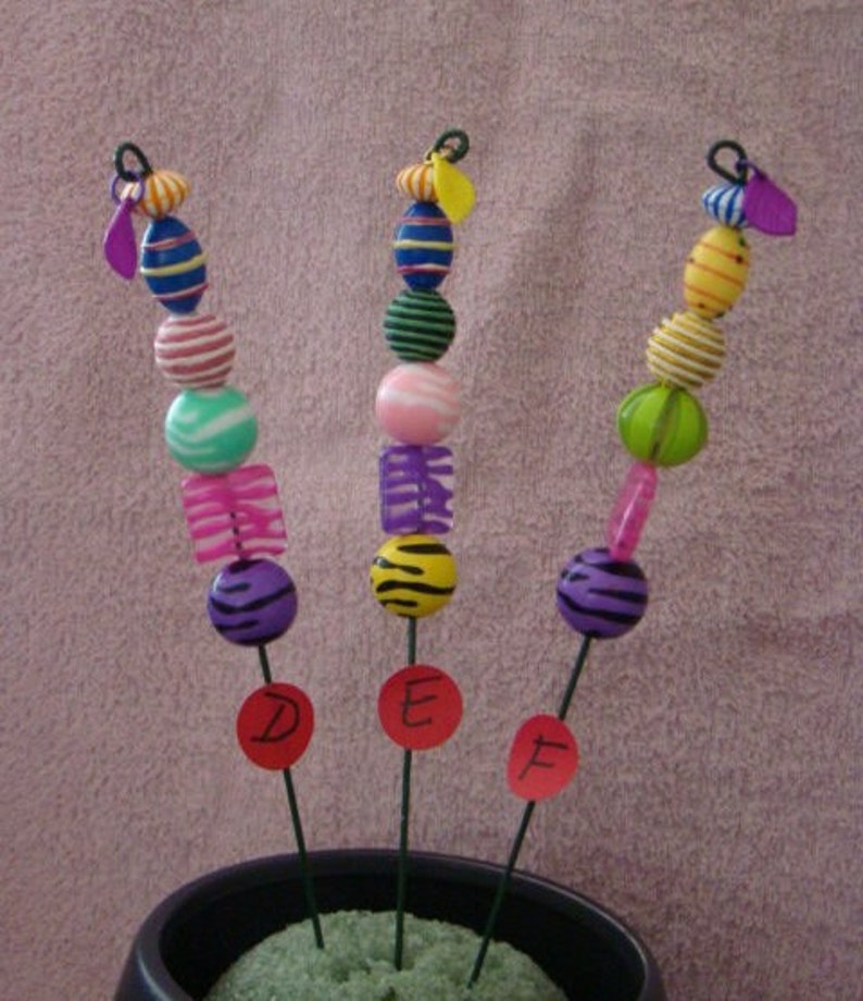 Stripey Beaded Garden Stake Colorful Large Plant Pick Indoor W/ Leaf ...