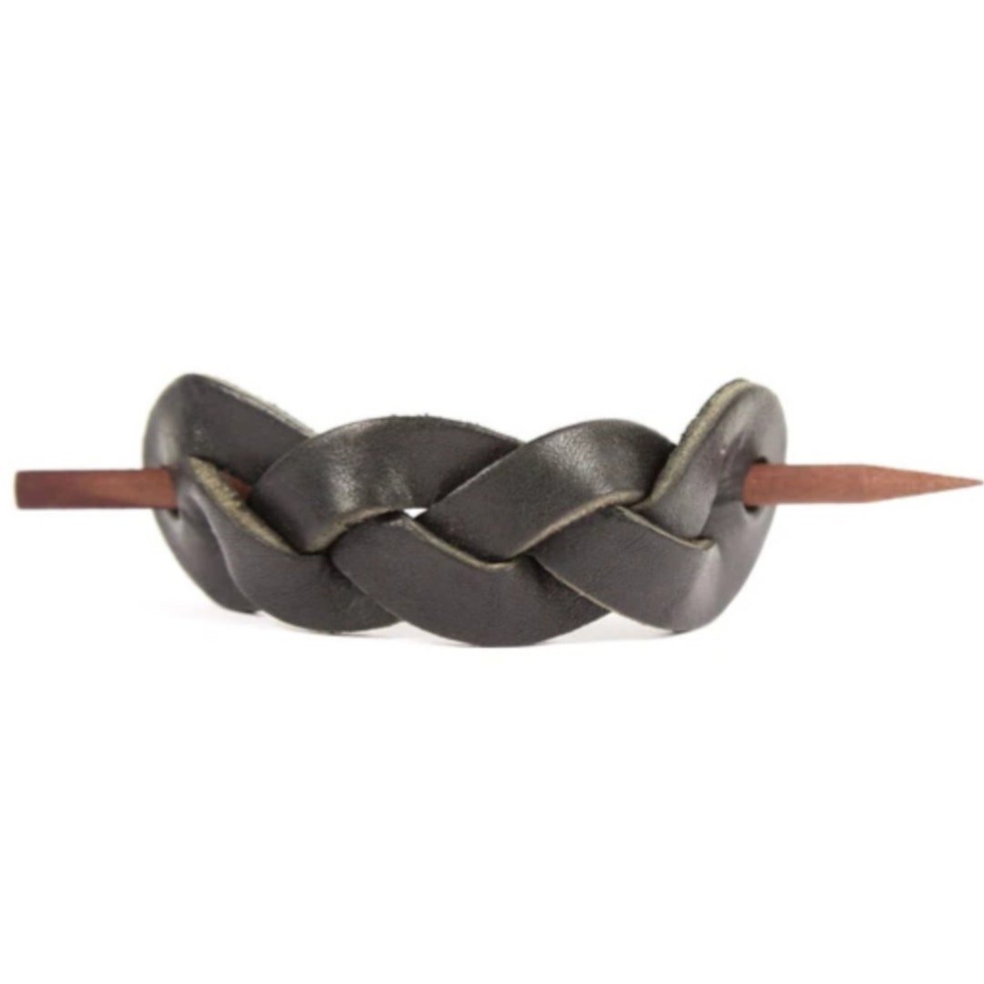 Black Braided Leather Stick Barrette - Twisted Leather Hair Pin ...