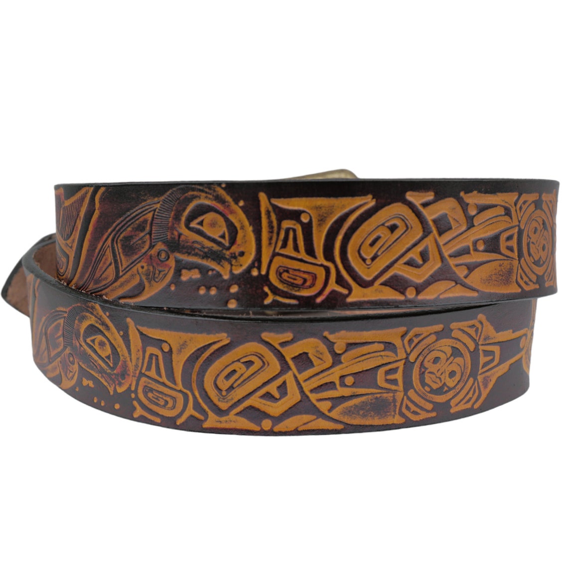 Raven and Salmon Leather Belt With Northwest Native Design - Danny ...