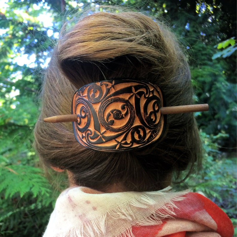 Gaelic Leather Stick Barrette - Brown Leather Hair Pin - Leather Hair ...