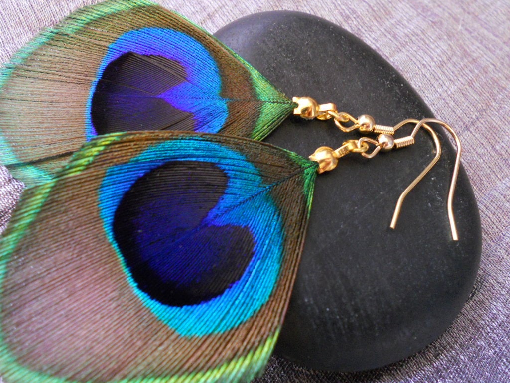 Natural Peacock Feather Earrings Gold Plated Etsy