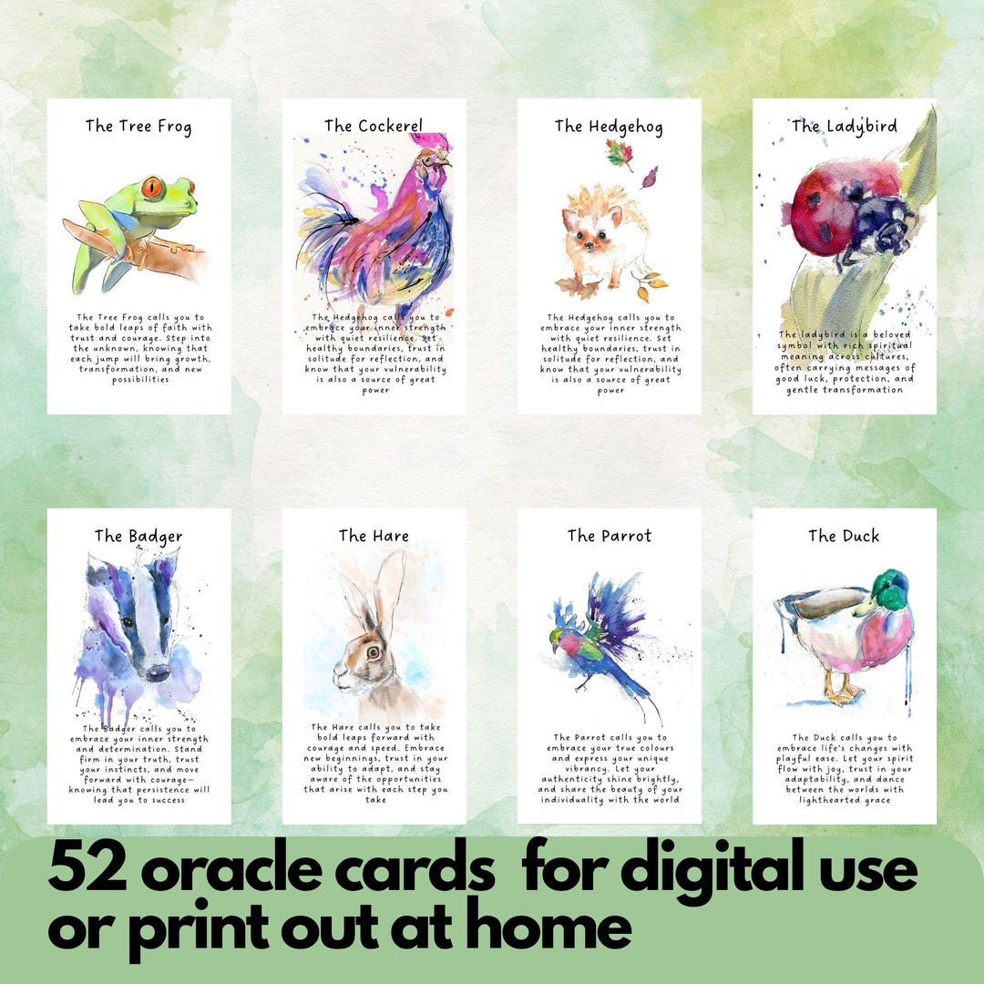 Printable Animal Oracle Cards, Hand Drawn Oracle Deck, 52 Divination ...