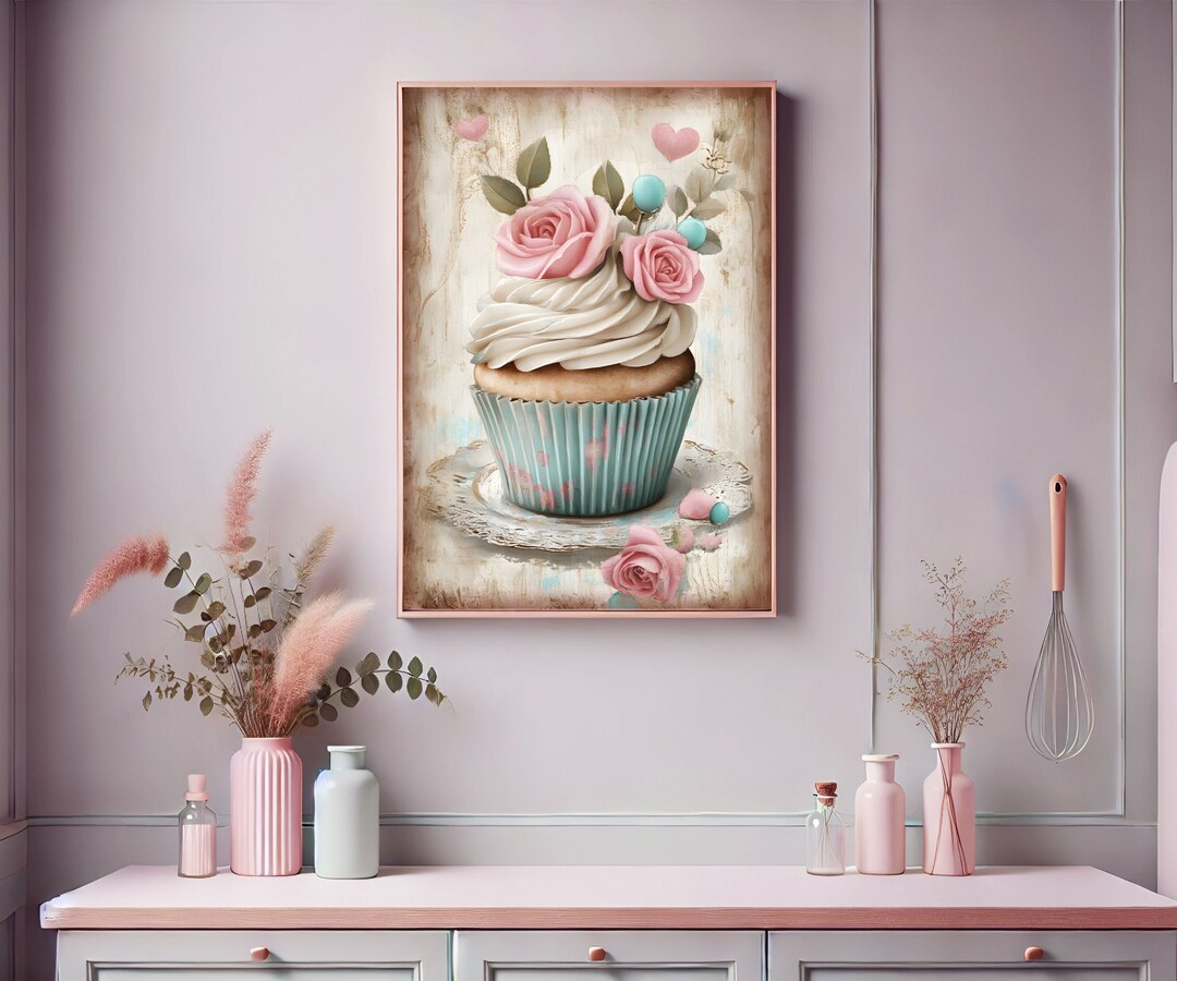 Cottagecore Floral Cupcake Print Vintage Shabby Chic Kitchen Wall Art ...