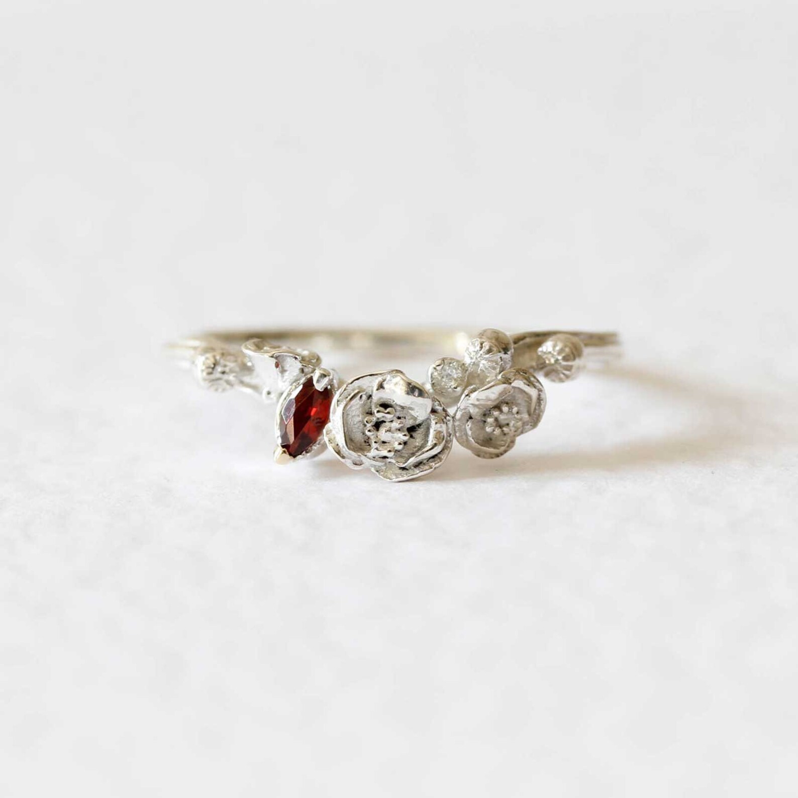 Poppy Ring – Garnet and Diamond Ring, Flower Ring, Alternative Wedding ...