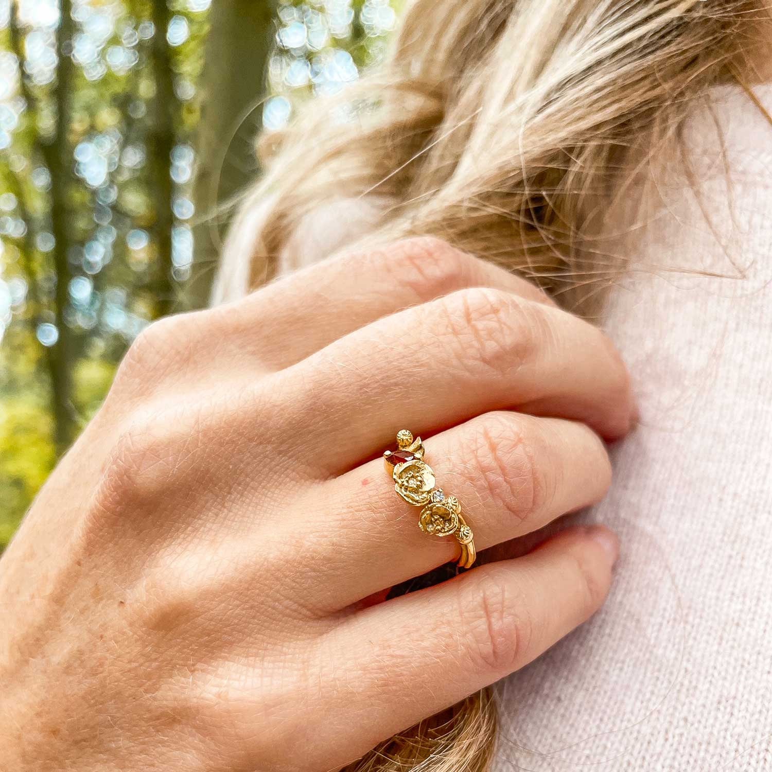Poppy Ring – Garnet and Diamond Ring, Flower Ring, Alternative Wedding ...