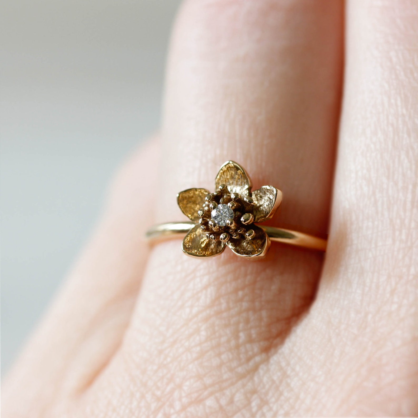 Diamond Cherry Blossom Ring - Silver/gold/rose Gold - Diamond Flower ...