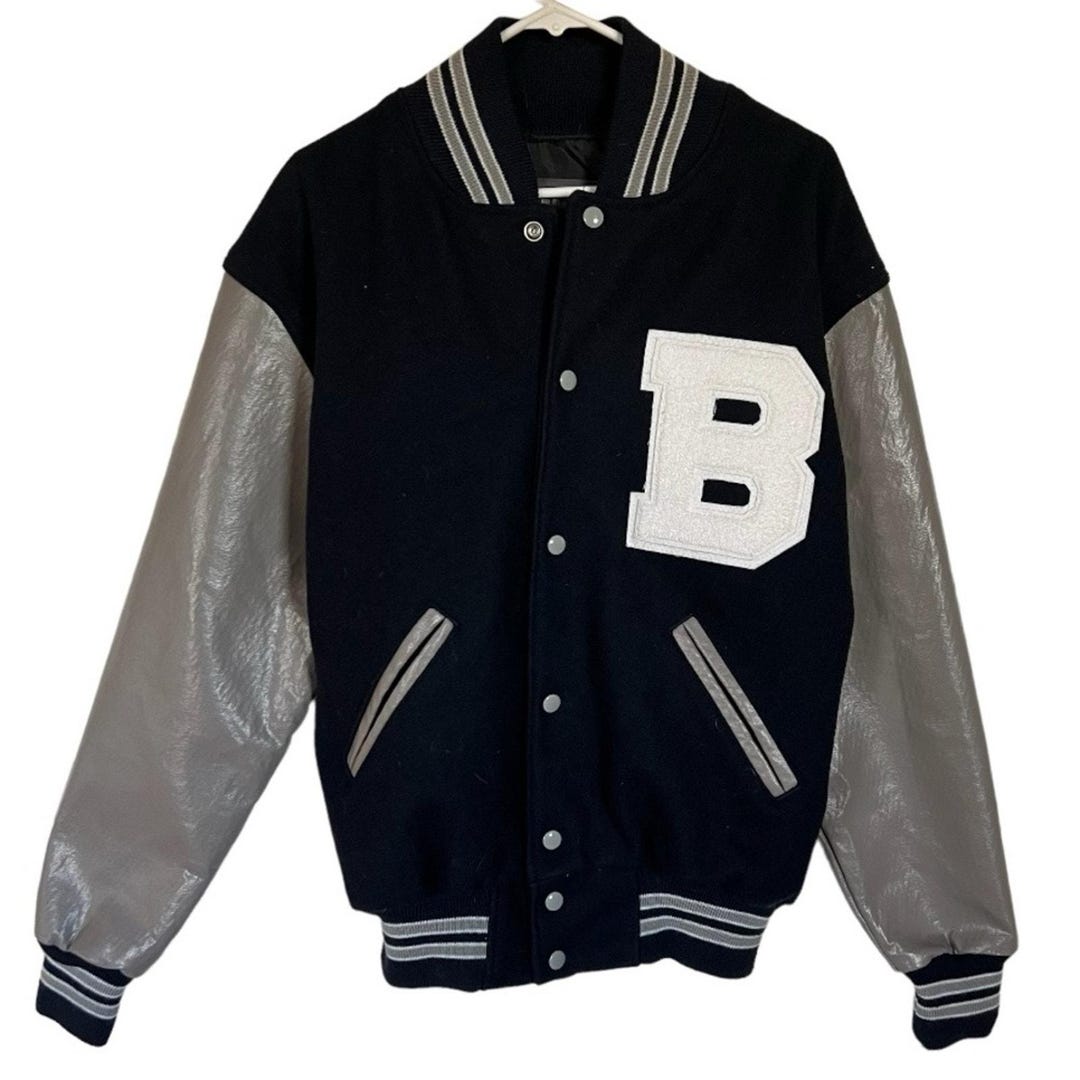 Vintage Varsity Letterman Jacket Navy Wool & Naugahyde Grey Sleeves "b ...