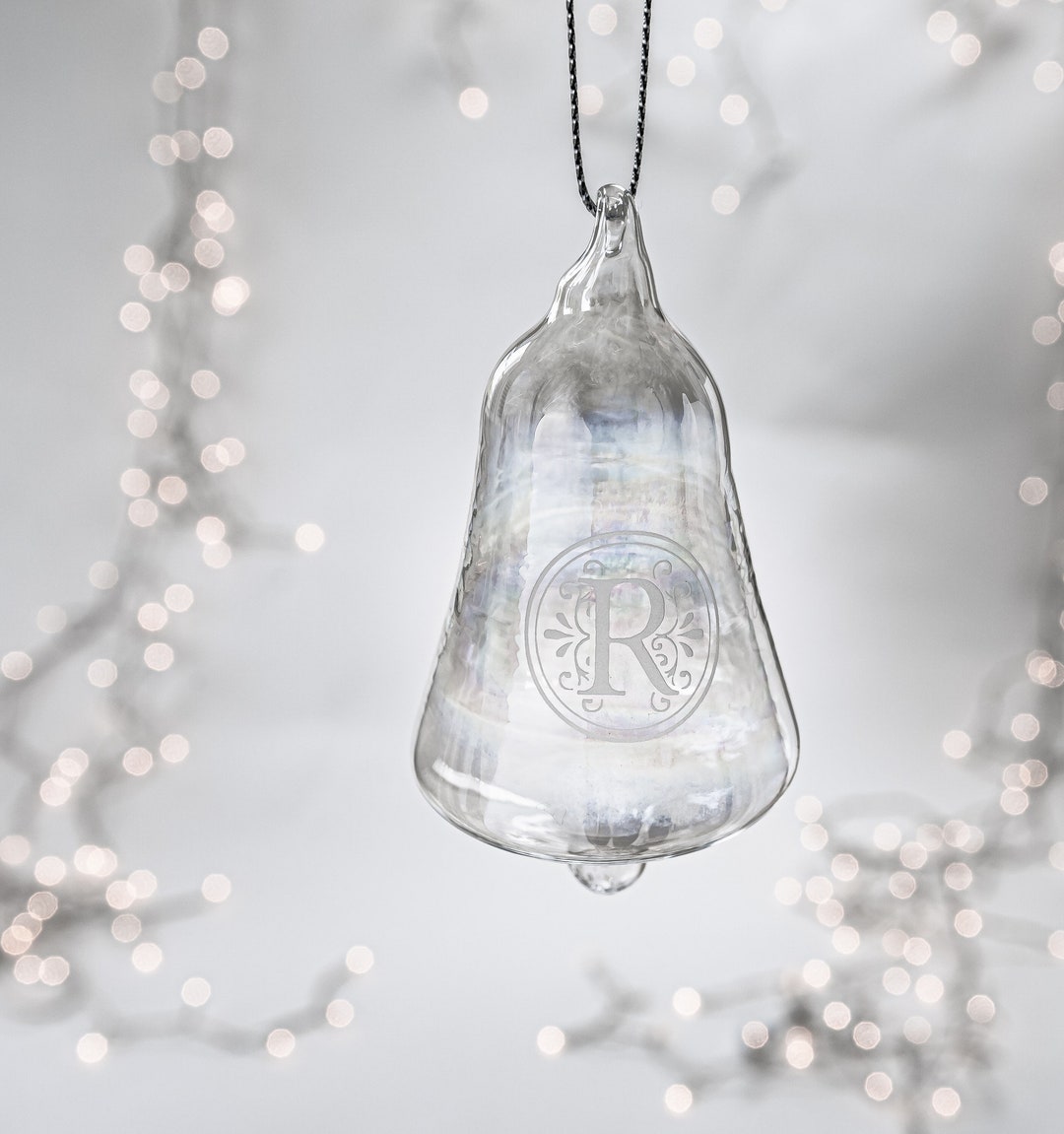 Personalized Iridescent Blown Glass Bell Ornament, Bell Ornament ...