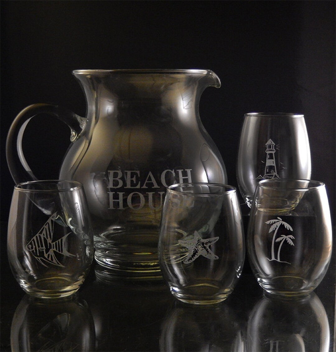 Engraved Tropical Beach Glass Pitcher Set 5 Piece Set - Etsy