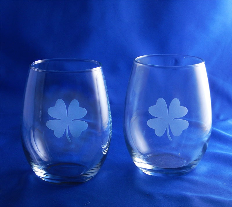 4 Leaf Clover Stemless Wine Glasses, Set of 2, Custom Wine Glass ...