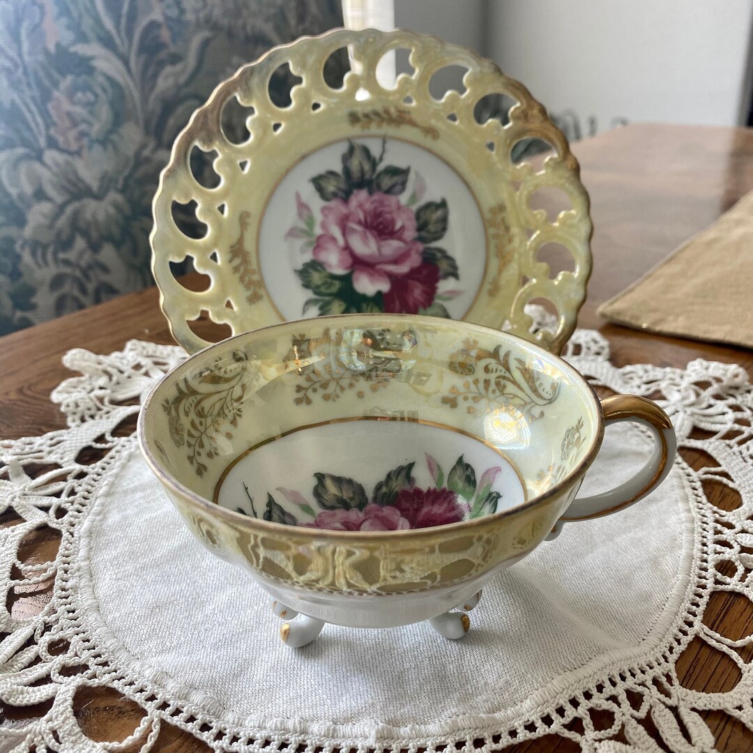 Royal Sealy China Japan Vintage Footed Tea Cup Reticulated Saucer Roses Yellow Gold 1940s Teacup ...