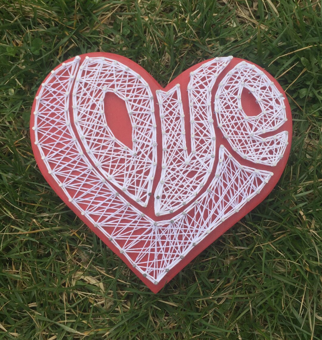 Red LOVE Heart Shape String Art, Nail and String Art, Wall Decor ...