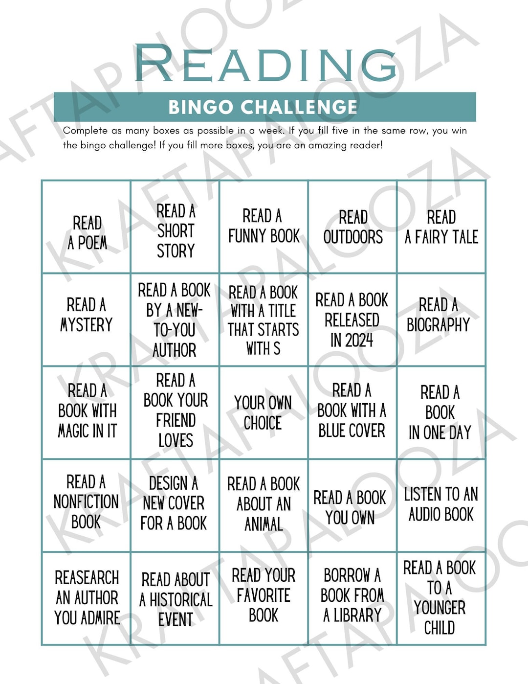 Reading Bingo Challenge Digital Download Printables - Etsy