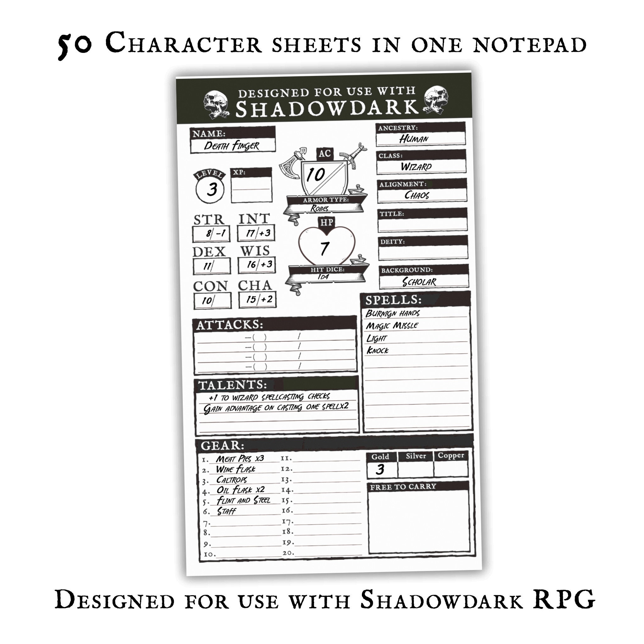 Shadowdark Rpg 50 Character Sheet Notepad 6x10 Etsy