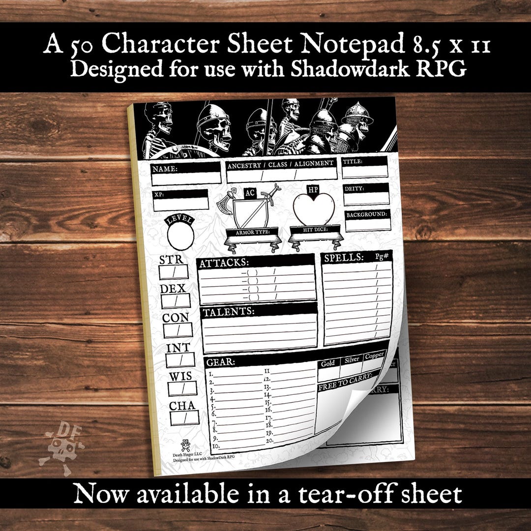 Character Sheet Notepad for Shadowdark RPG - 50 Tear off 8.5x11 Sheets - Etsy