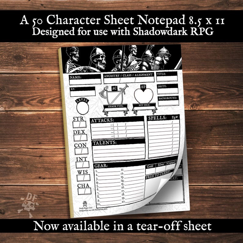 Character Sheet Notepad for Shadowdark RPG - 50 Tear off 8.5x11 Sheets ...