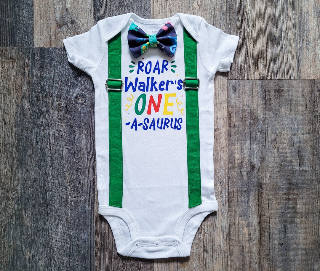 Personalized Roar Dinosaur Boy First Birthday Bodysuit With Suspenders ...